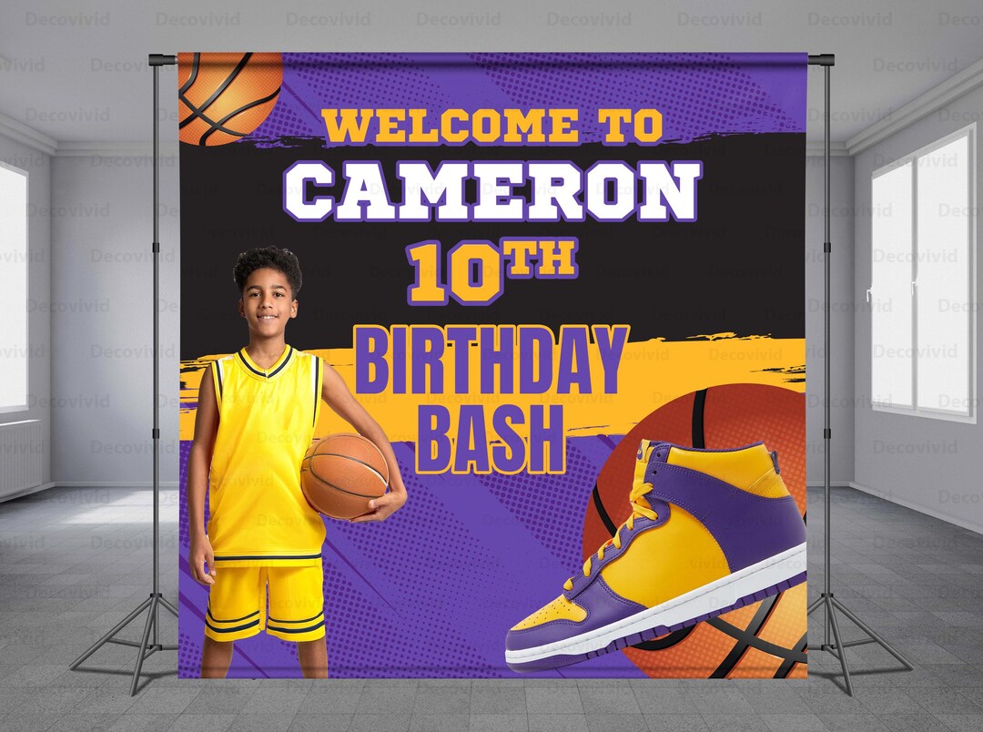 Basketball Team Birthday Backdrop, Custom Background, Purple Yellow ...