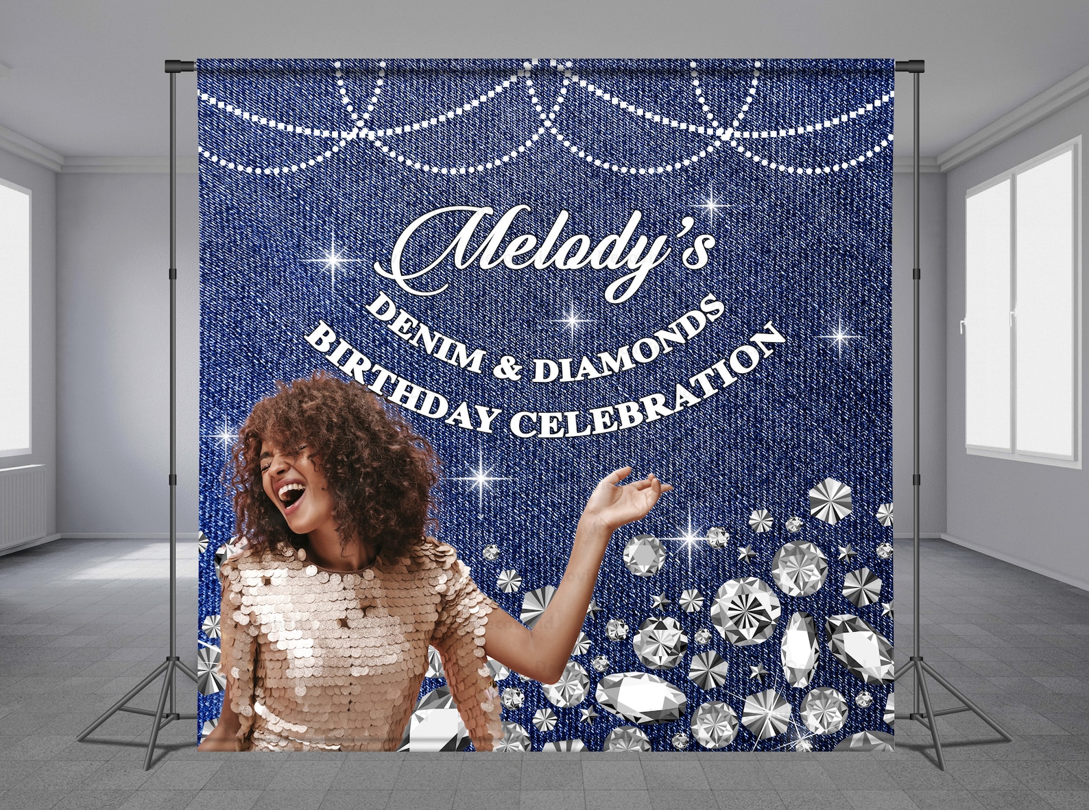 Denim and Diamonds, Step and Repeat, Custom Birthday Backdrop, Blue ...