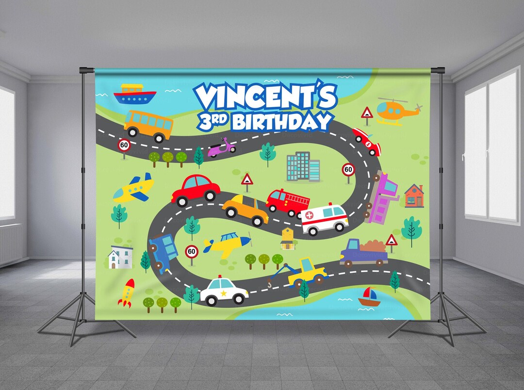 Transportation Birthday Backdrop, Vehicles, Police Car, Ambulance ...