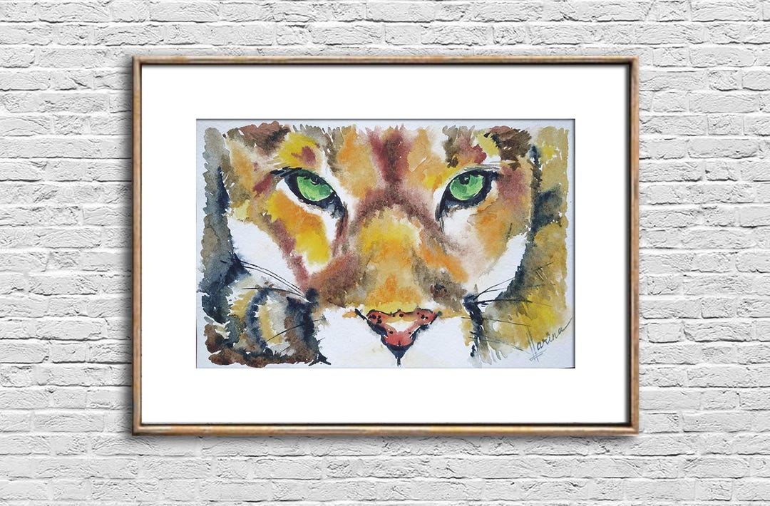 Puma Watercolor Painting Cougar Head Original American Wild Animal Wall ...