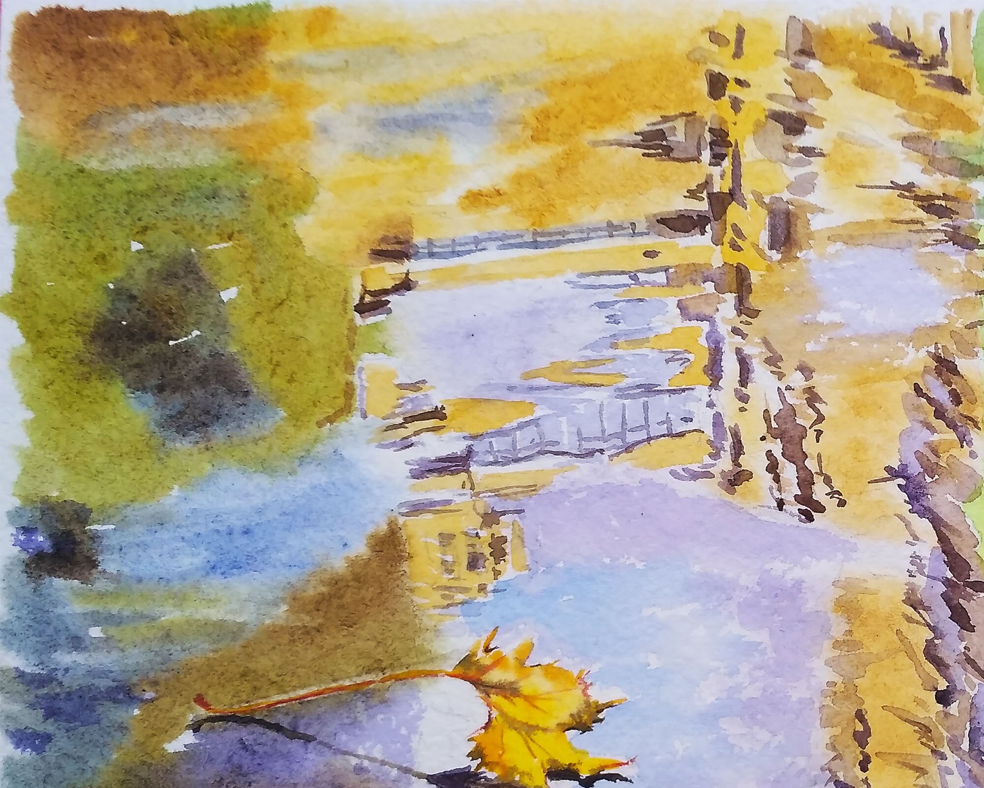 Reflection in a puddle painting City street watercolor | Etsy