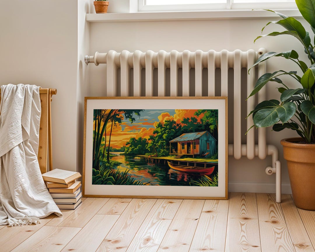 Colorful Home Decor, Swamp Cabin Sunset Printable, Louisiana Bayou Art ...