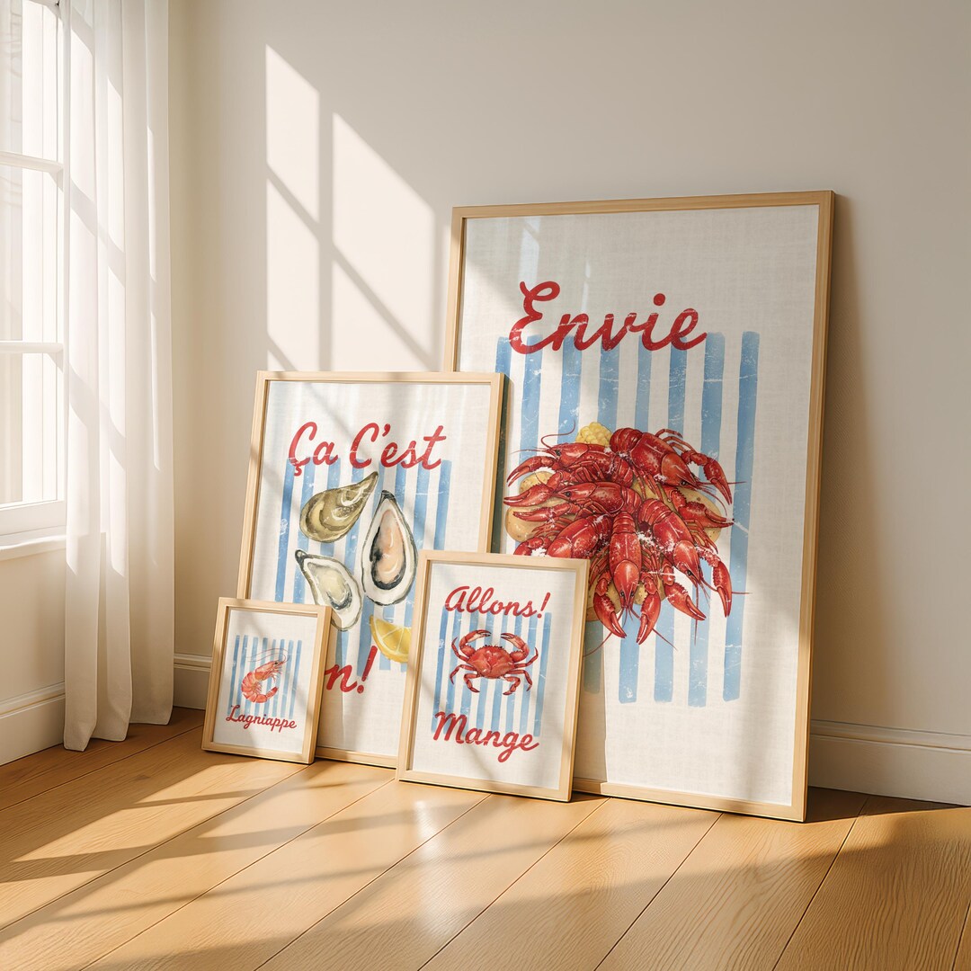 Cajun French Seafood Kitchen Art Set of 4, Coastal Linen Texture Prints ...