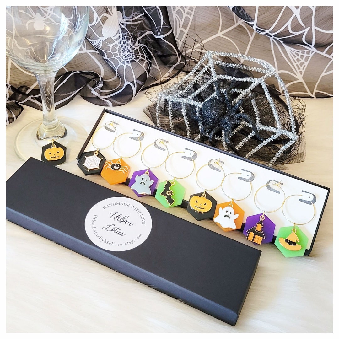 Halloween Wine Charm Set Handmade Shimmering Purple Orange Black and ...