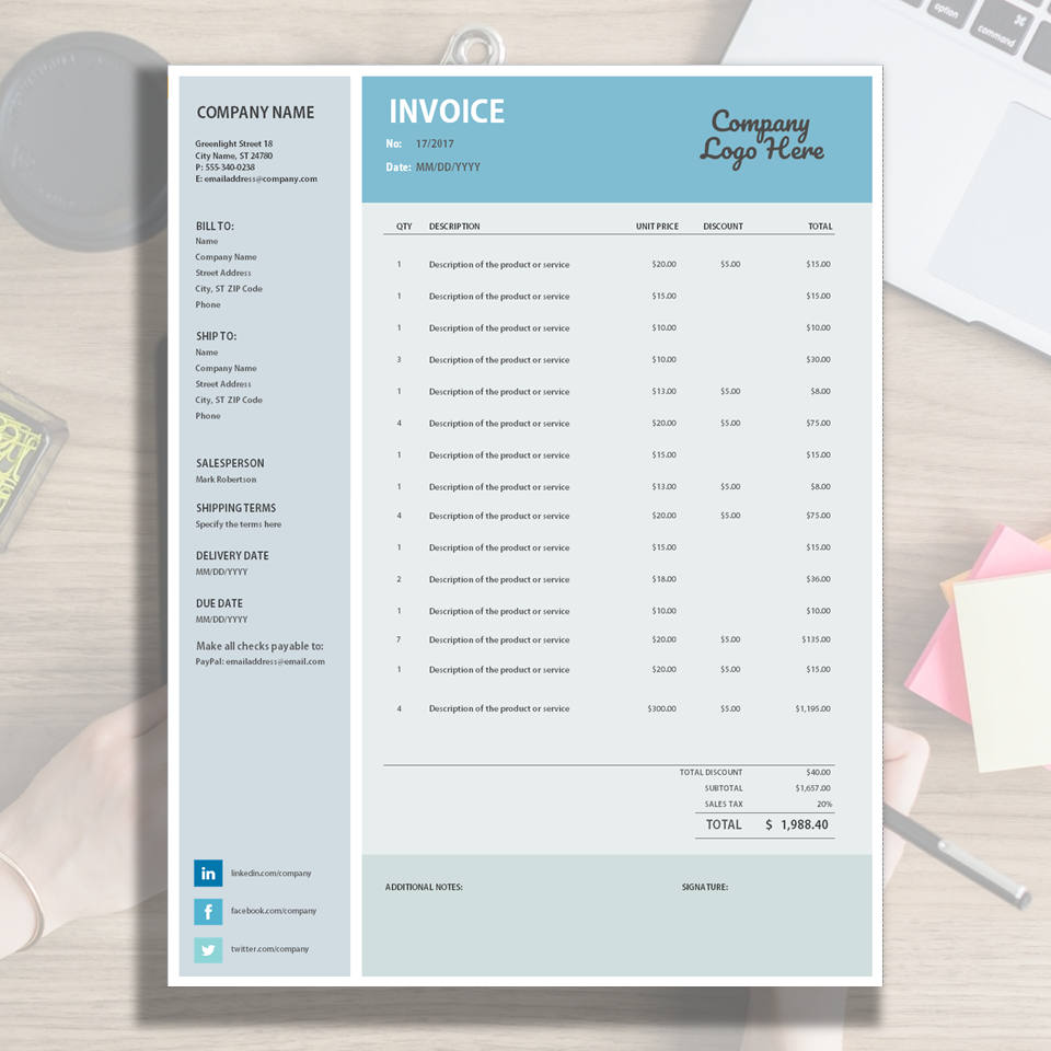 Invoice Template Excel Invoice Invoice Design Spreadsheet With Social ...