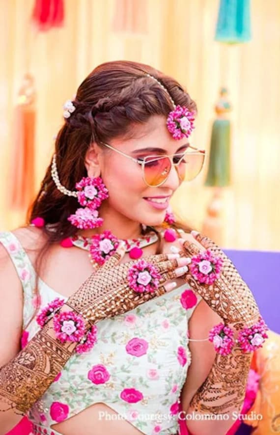 JCFashionIndia Flower Jewelry Set Women Pink Designer Haldi Handmade Mehandi Bridal Bridal Mehandi Haldi Baby Wedding Shower Earring Party Fabric