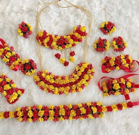 Yellow Flower Haldi Set Ceremony Red Beautiful and Jewellery - Etsy