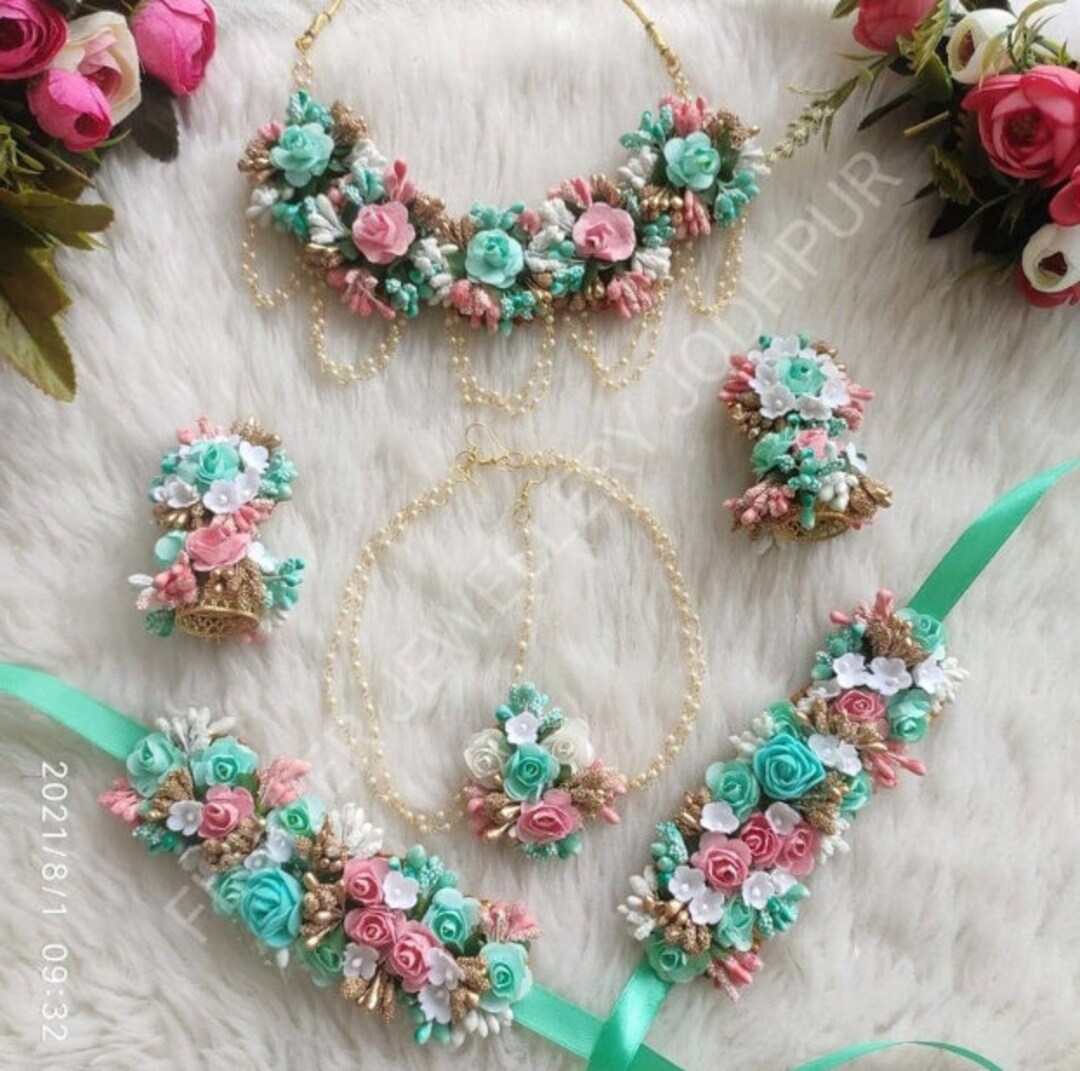 Bridal Blue & Pink Floral Jewelry Set for Haldi Mehandi Wedding Flower ...