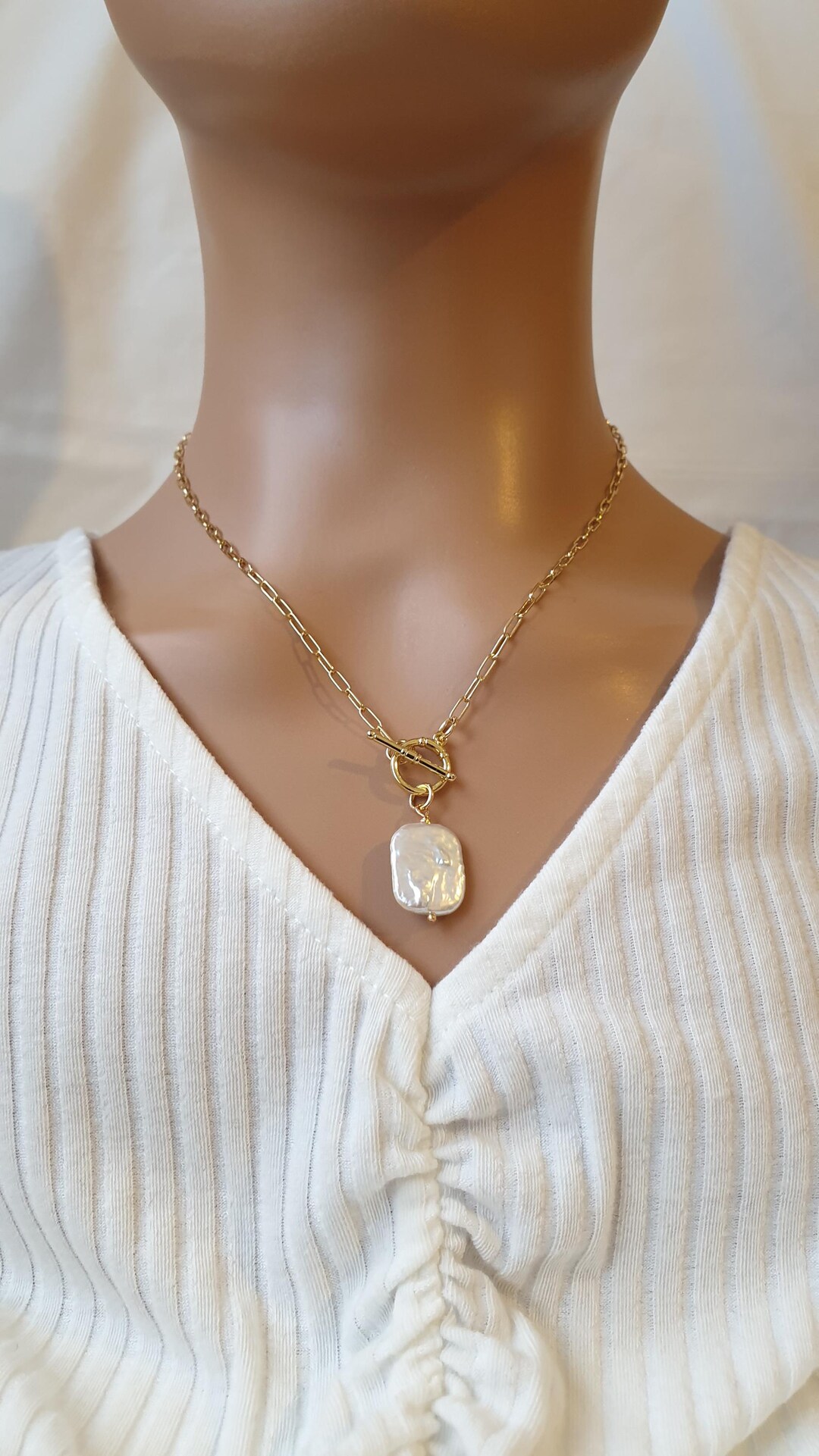 Pearl Toggle Clasp Necklace, Paperclip Chain Long Necklace, Rectangle ...