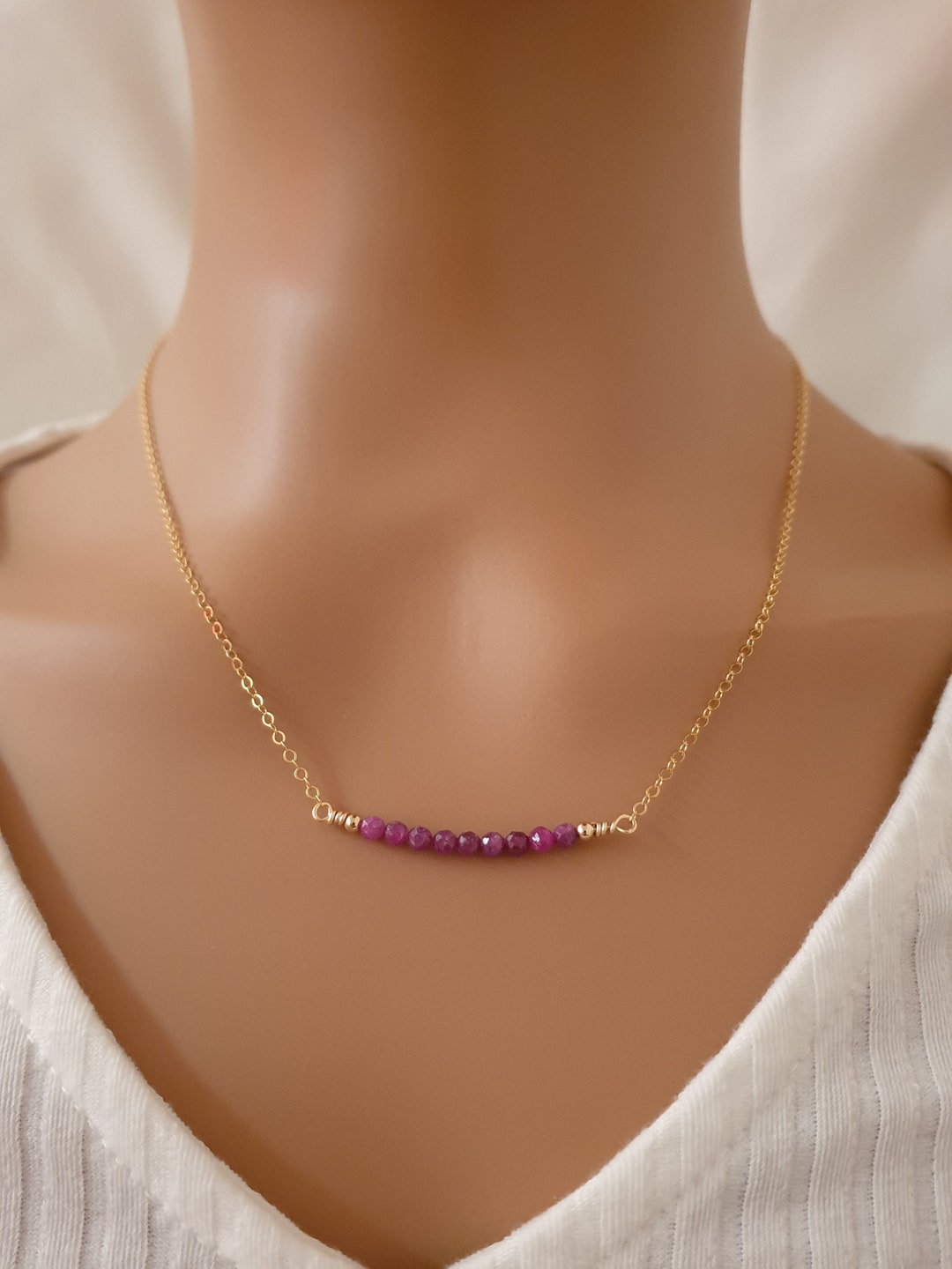 Ruby Bar Necklace, 14k Gold Filled Chain, Dainty Gemstone Necklace - Etsy