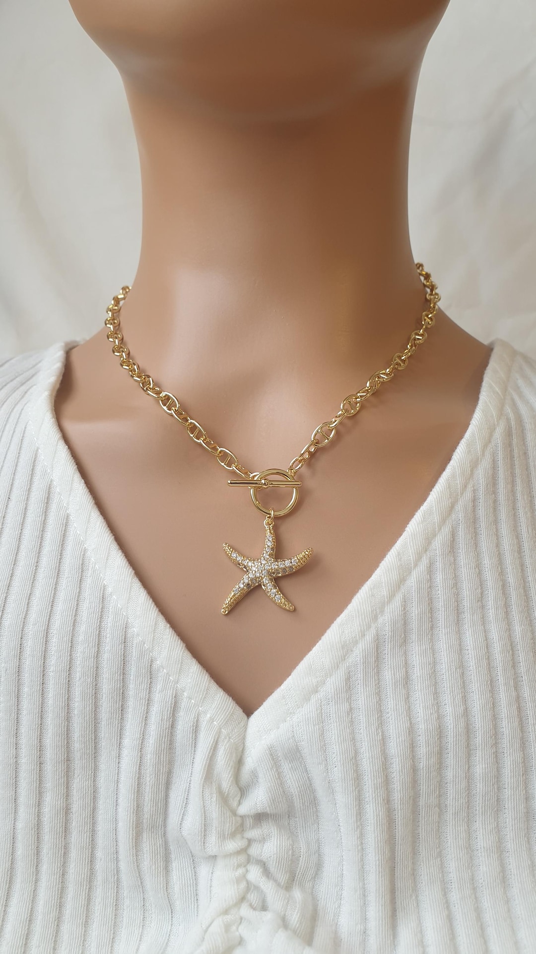 Starfish Toggle Clasp Necklace, T Bar Chunky Chain Gold Plated Pendant ...
