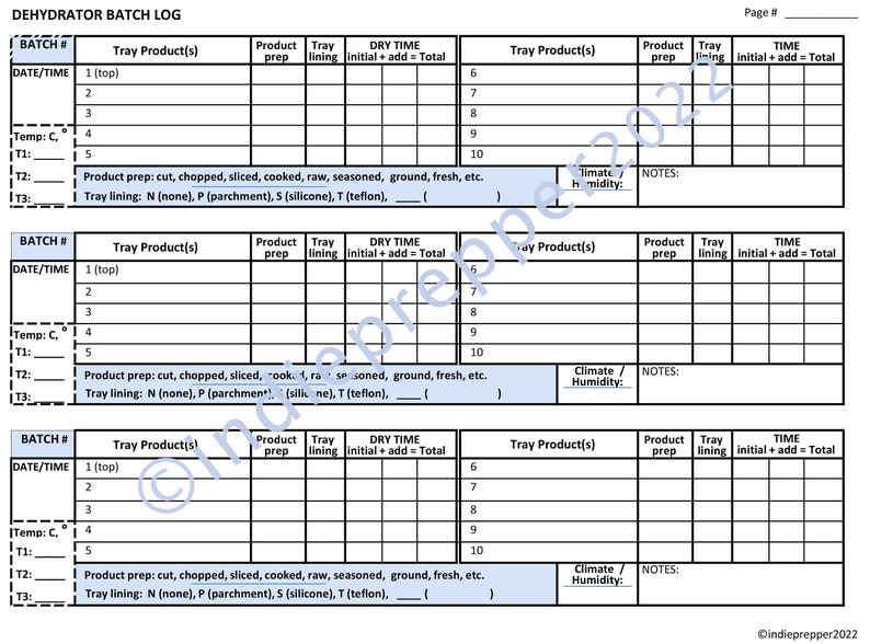 DEHYDRATOR Product Tracking Log / Form - Track: Time - Temperature ...
