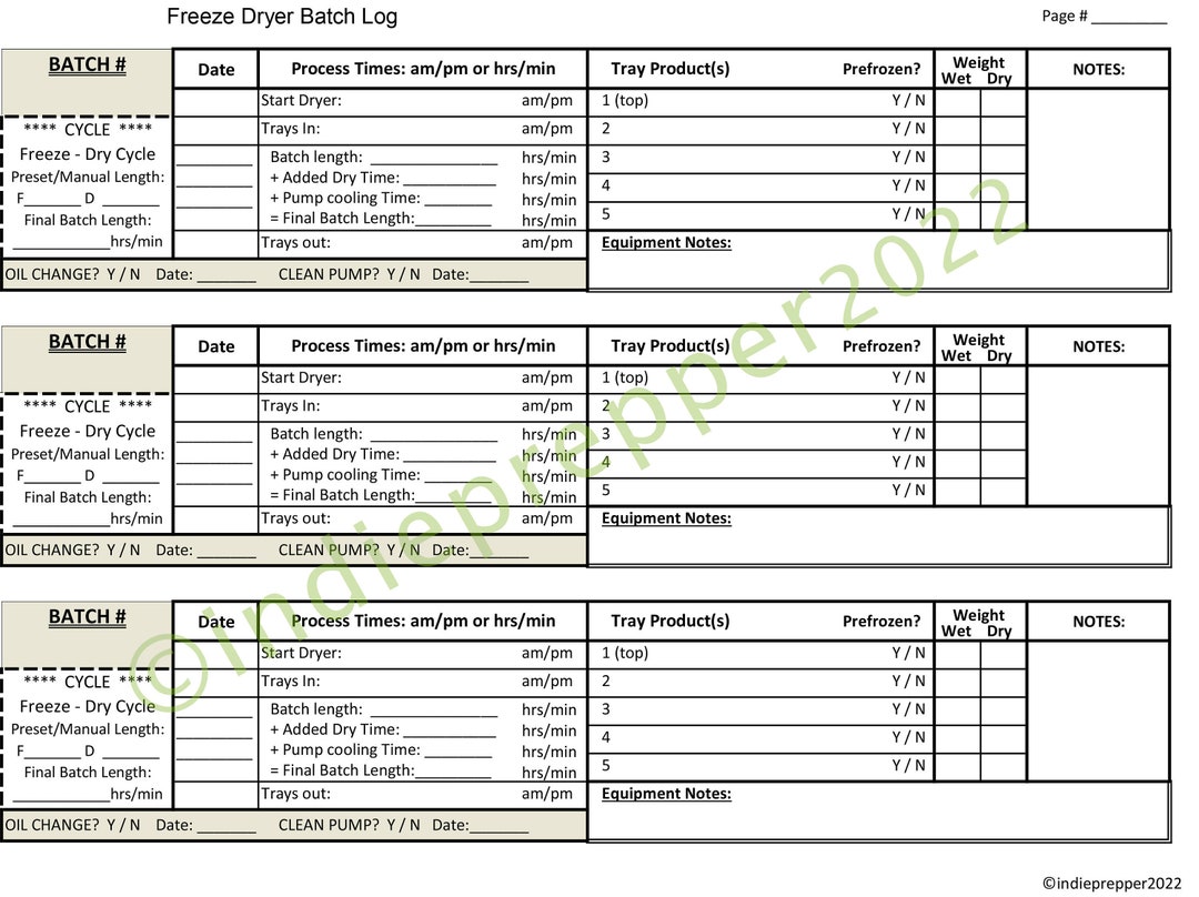 Freeze Dryer Batch Log / Form, Printable, Harvestright© ,cycle Tracking ...