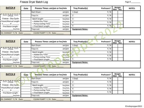 Freeze Dryer Batch Log / Form Printable Harvestright© cycle - Etsy Finland