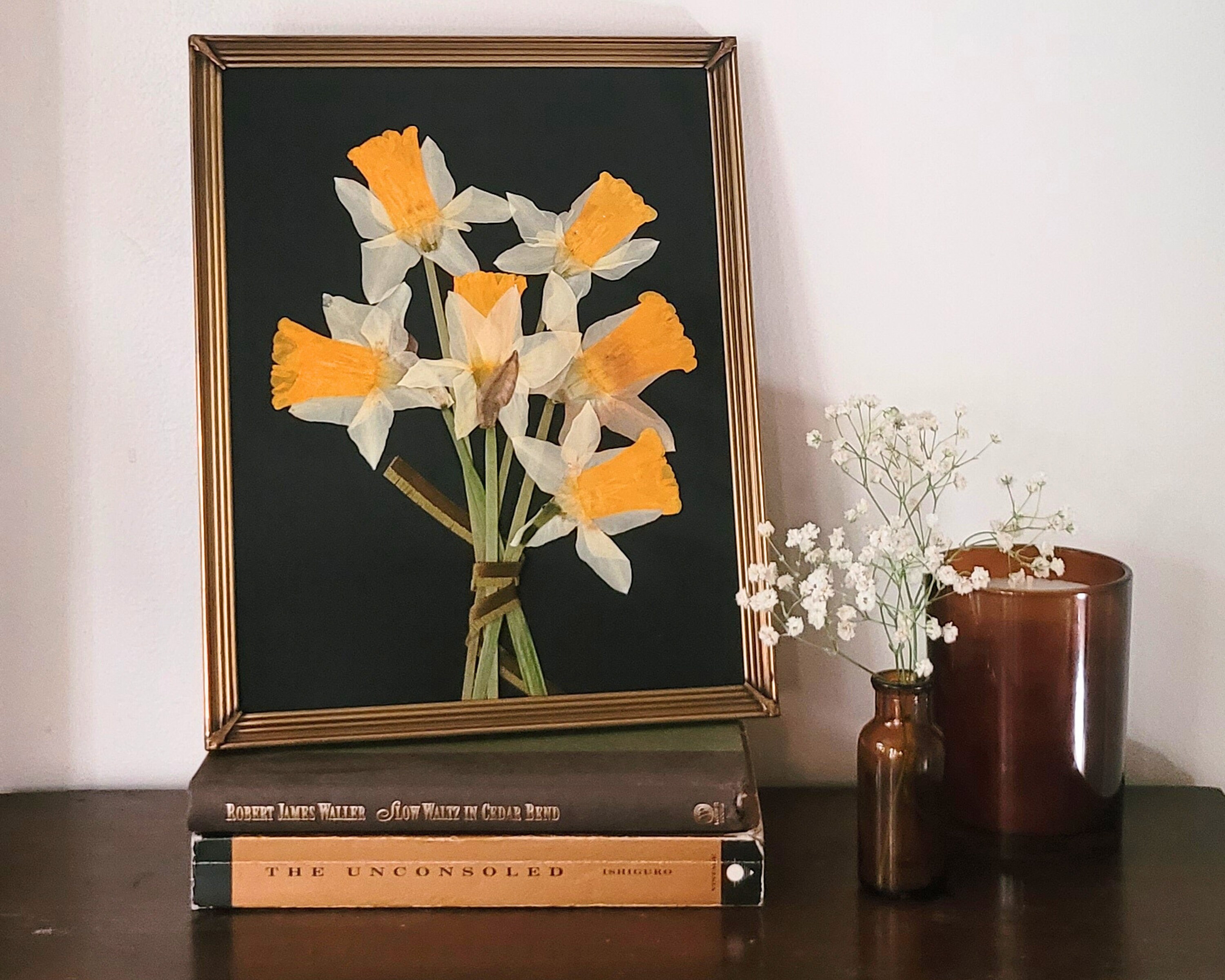 Pressed Daffodils in Vintage Brass Frame, Botanical Art Decor, Floral ...