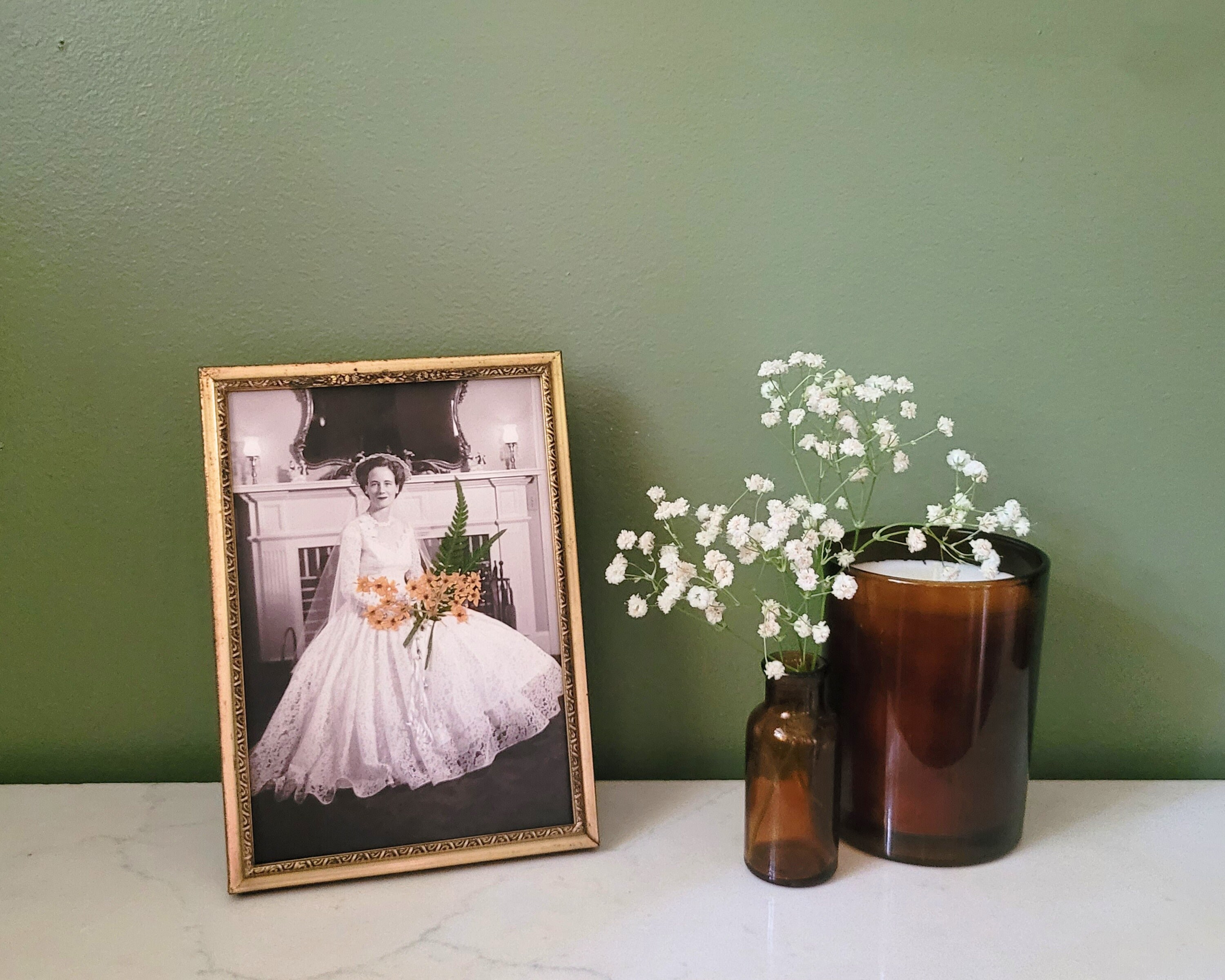 Vintage Wedding Photo in Original Brass Frame With Pressed Florals ...