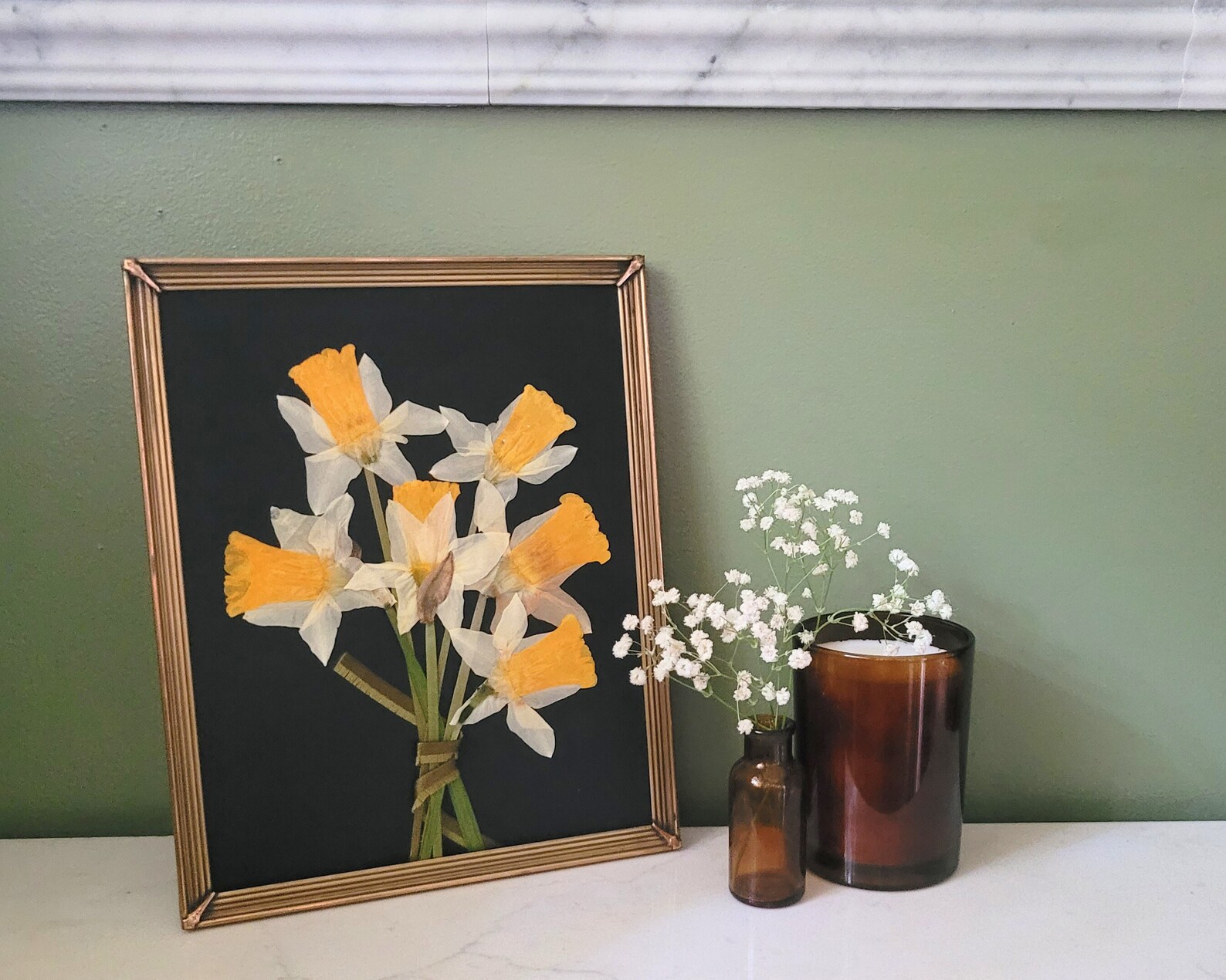 Pressed Daffodils in Vintage Brass Frame, Botanical Art Decor, Floral ...