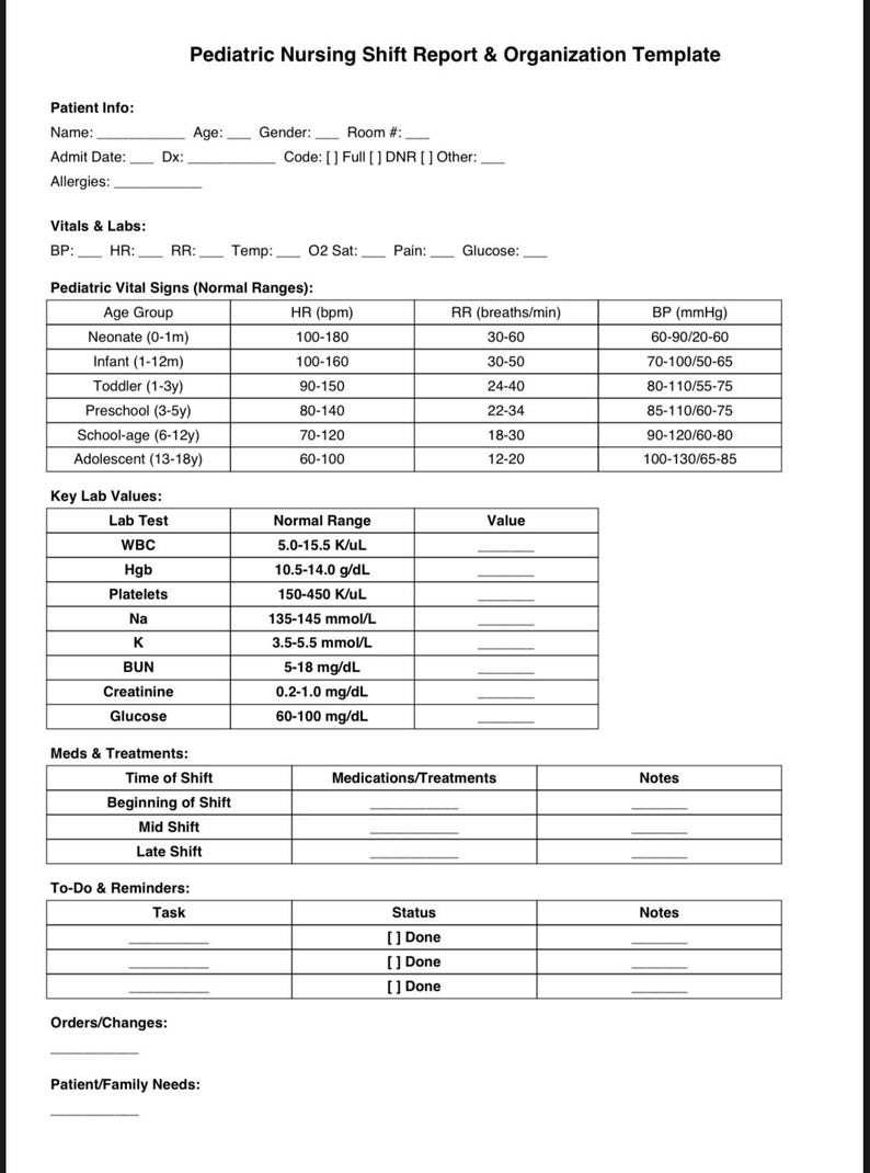 Pediatric Nursing Handoff and Report Template With Cheat Sheet for Labs ...