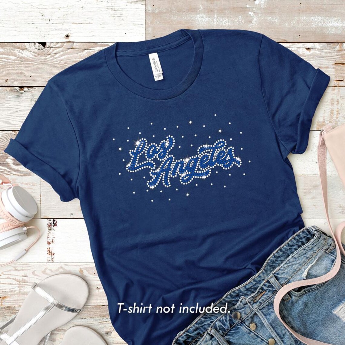 Los Angeles Blue Sparkly Baseball Script Bling Iron-on Clear Crystal ...