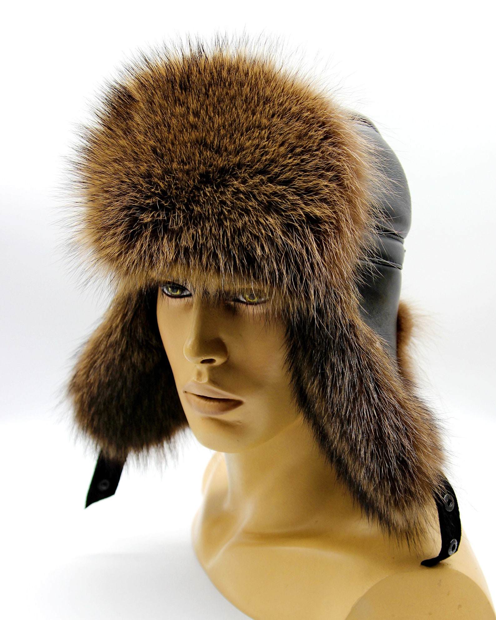 Men's hat Ushanka raccoon fur and real leather | Etsy