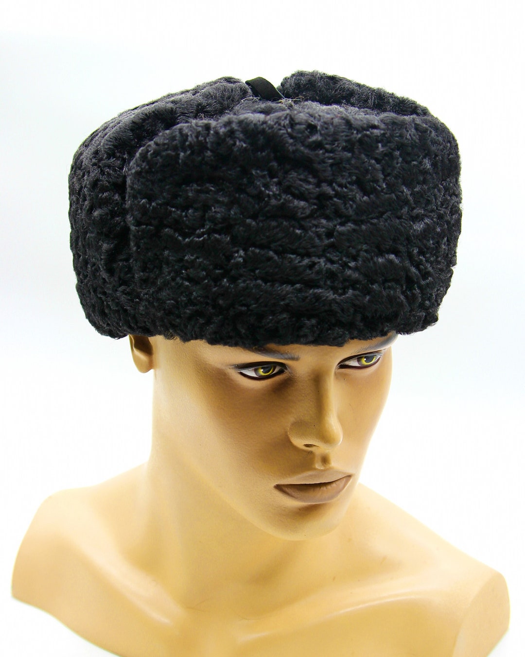 Men's Black Astrakhan Ushanka Fur Hat Winter Trapper Earflaps Handmade ...