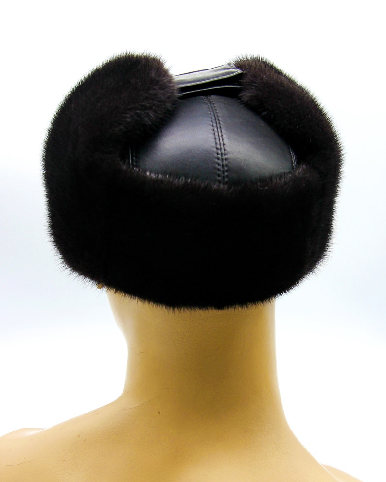 Mens Fur Black Cap From Mink and Leather Ushanka Hat | Etsy
