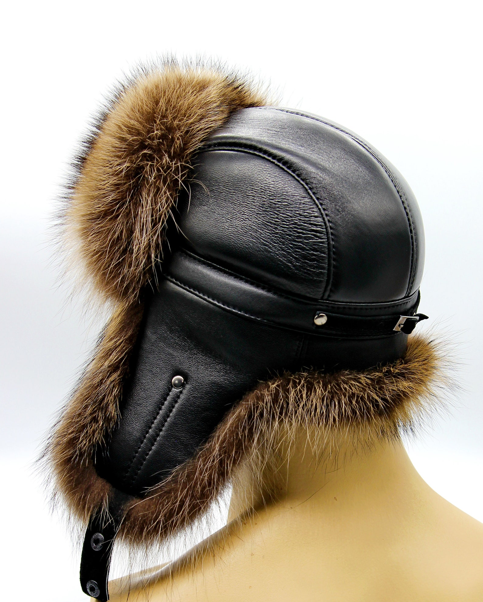 Men's Hat Ushanka Raccoon Fur and Real Leather - Etsy
