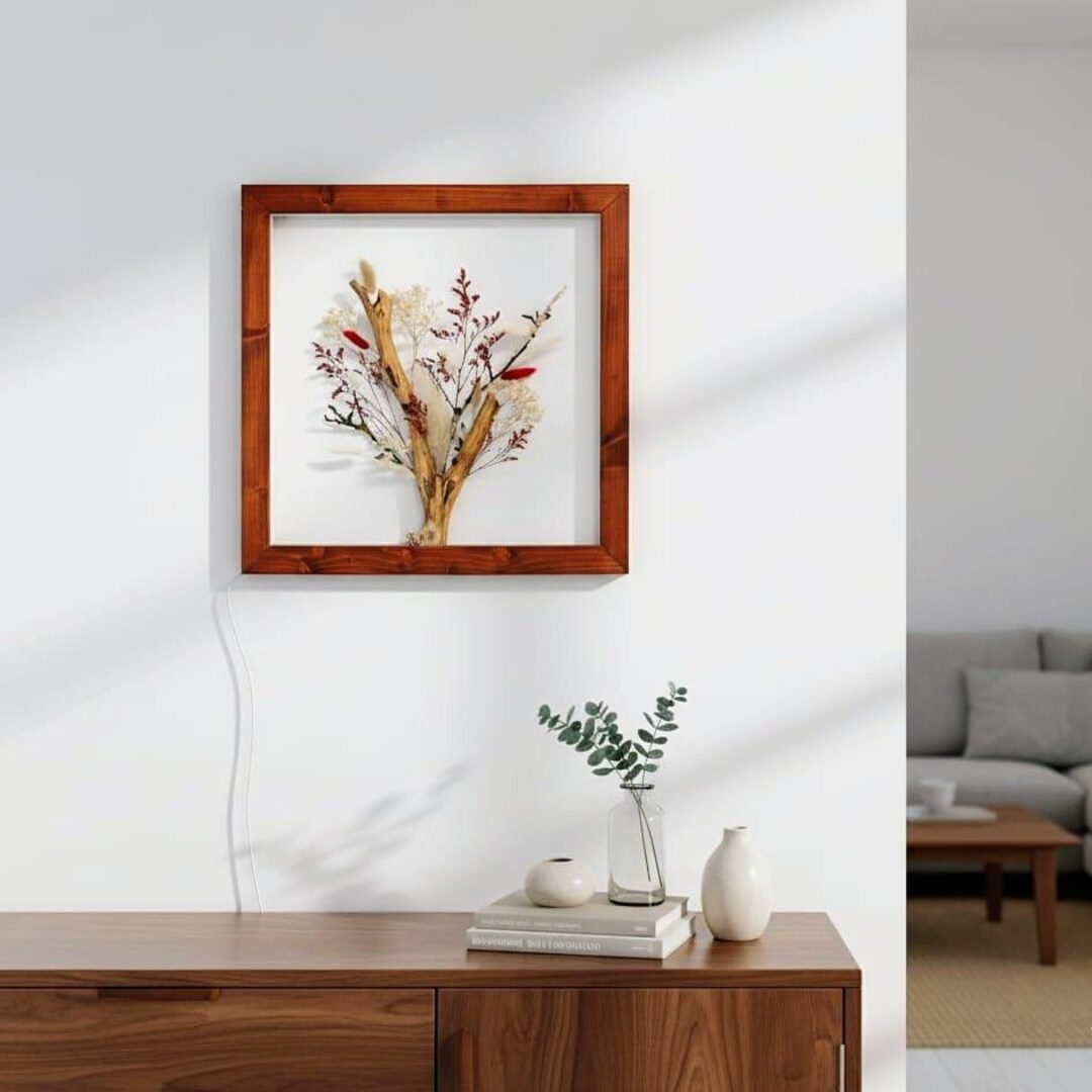 Dried Flower Tree Wall Art: Dimmable LED Mahogany Wood Frame - Etsy