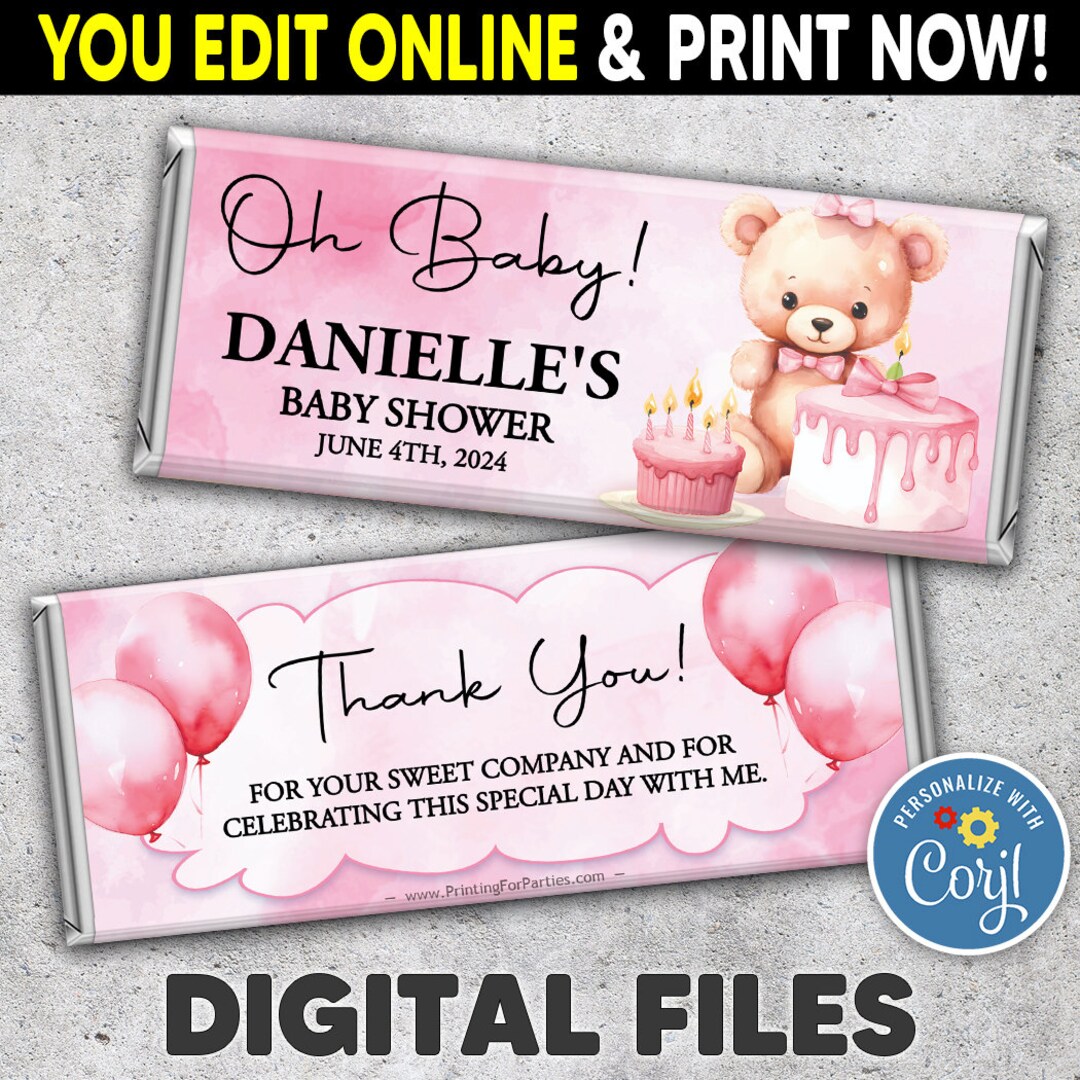 Digital Baby Shower Candy Bar Wrappers, Chocolate Candy Bar Wrappers ...