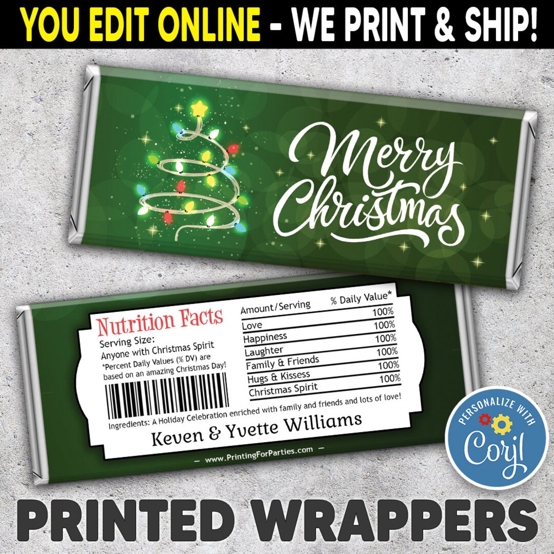 Printed Christmas Holiday Candy Bar Wrappers, Chocolate Candy Bar ...