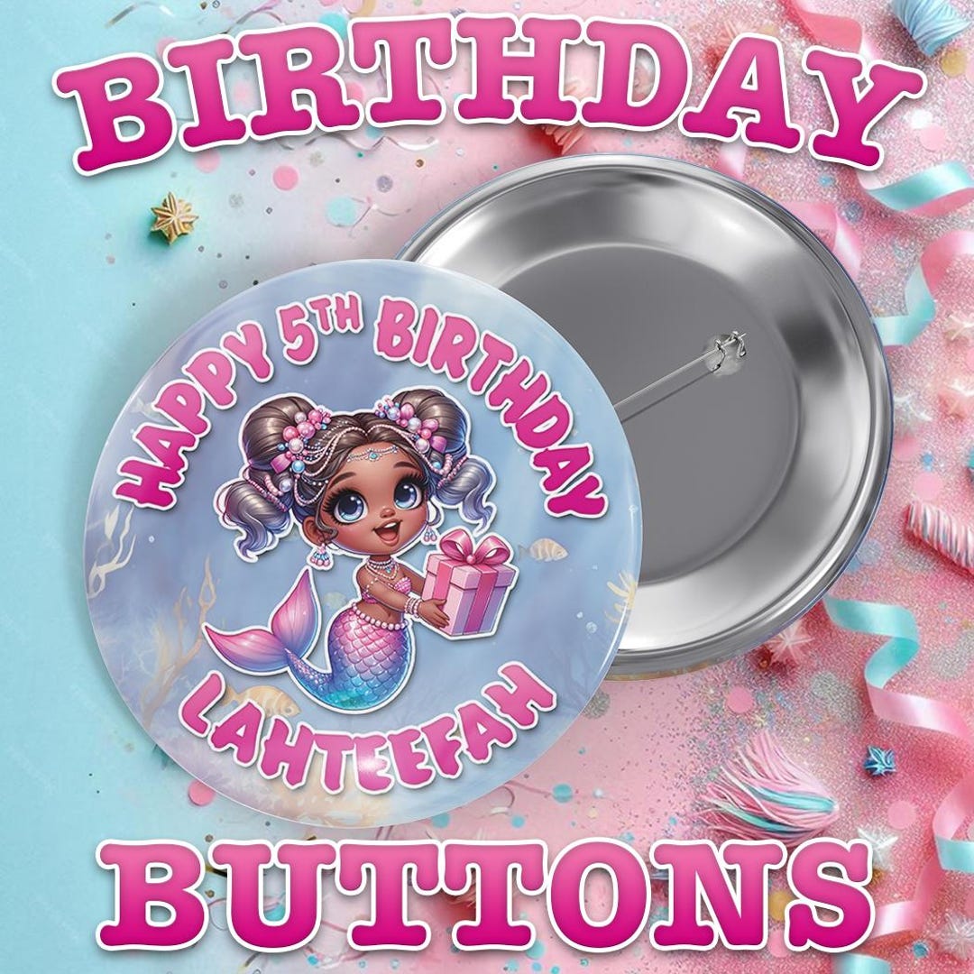 Black Mermaid Birthday Buttons: Custom Party Favors - Etsy
