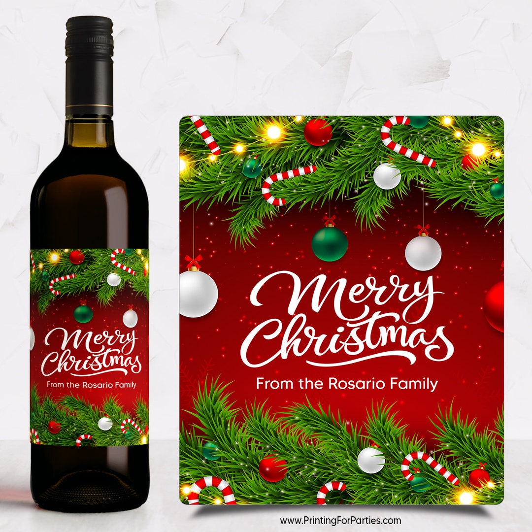Personalized Christmas Wine Label – Merry Christmas Holiday Garland ...