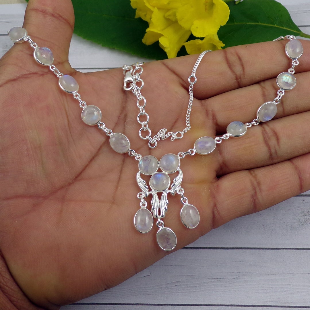 Rainbow Moonstone Necklace, Rainbow Moonstone Jewelry, Solid 925 Silver ...