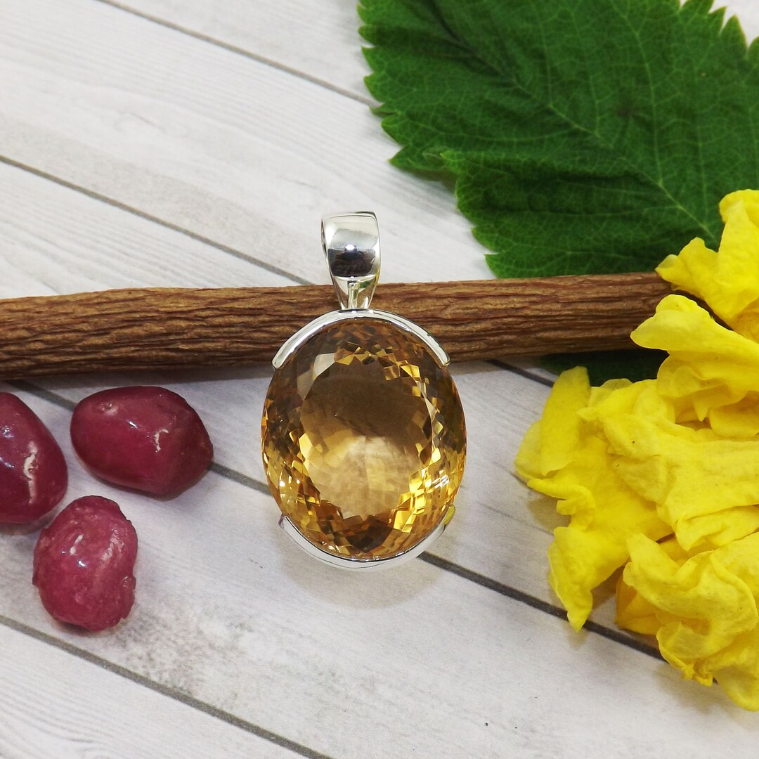 Big Oval Citrine Pendant, Faceted Citrine Pendant, Huge Citrine ...
