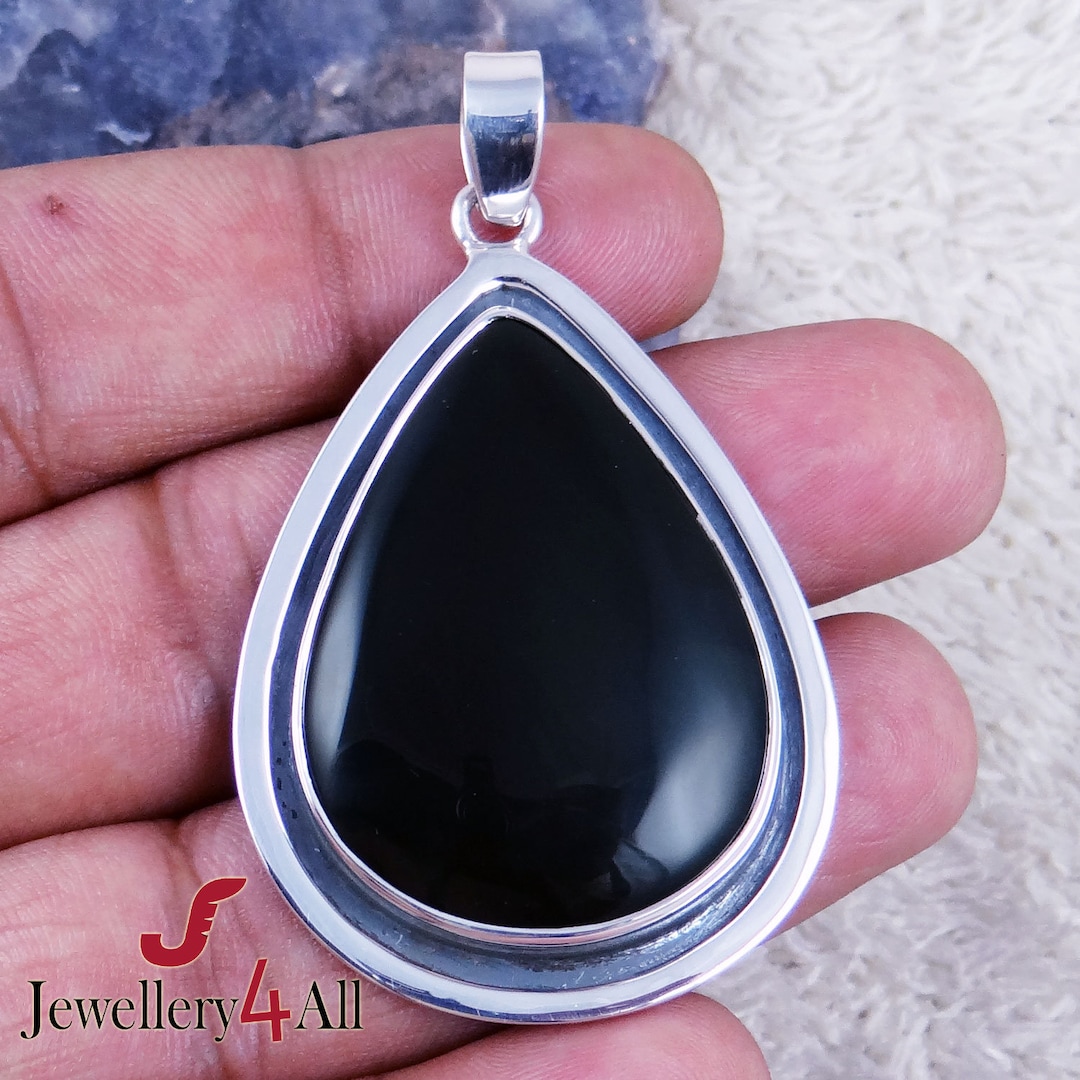 Big Black Onyx Pendant, 925 Sterling Silver Pendant, Big Onyx Necklace ...