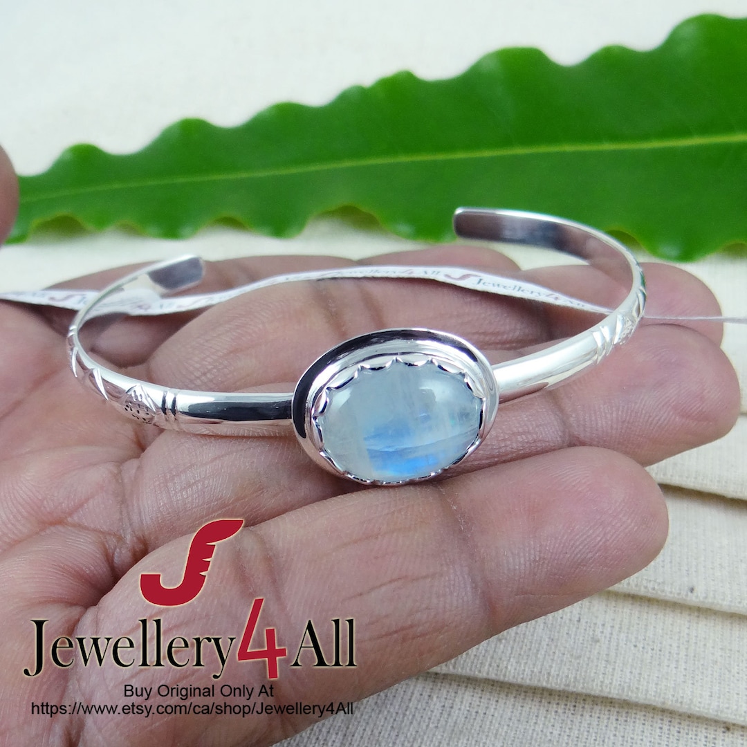 Rainbow Moonstone Bangle, Solid 925 Sterling Silver Bangle, Blue Flashy ...