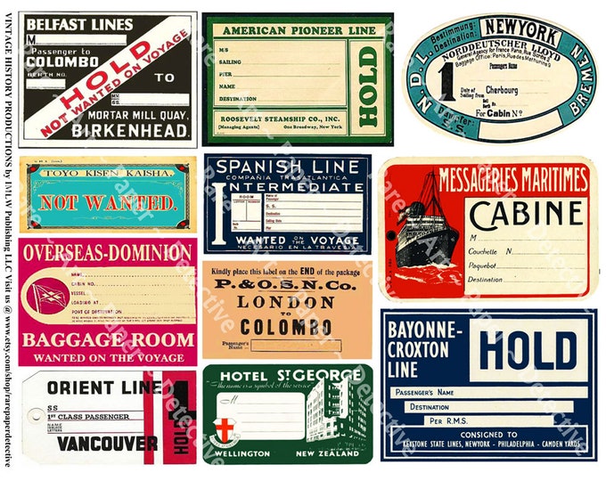 Steamship Trunk Labels, 13 Baggage Tags for Travel Trunks, Suitcases ...