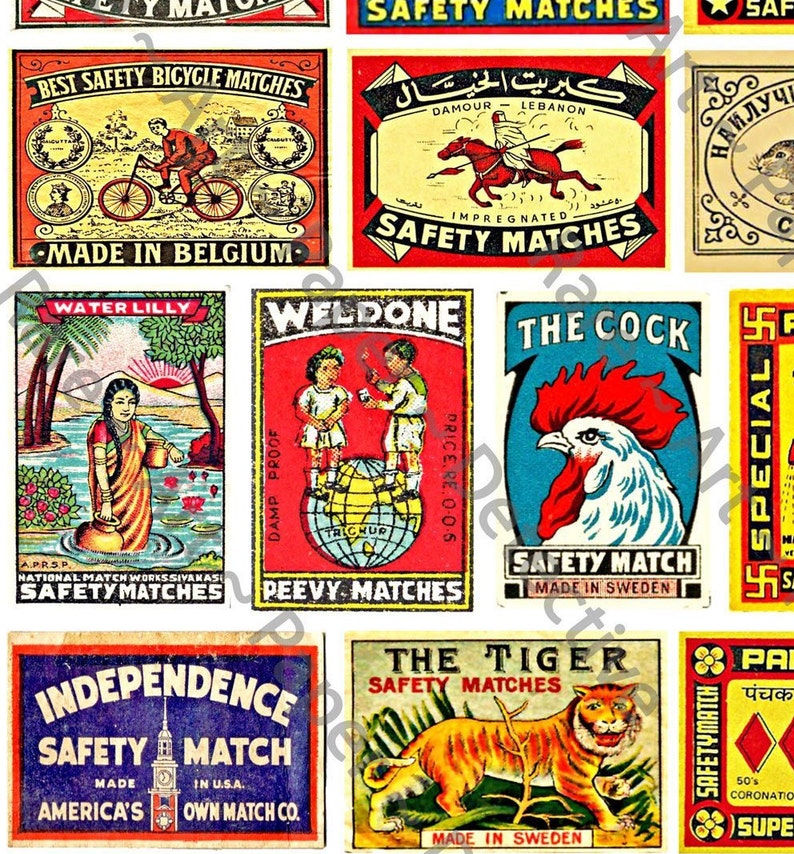Antique Matchbox Labels on 1 Digital Sheet, Authentic Sizes, 2 X 1 3/8 ...