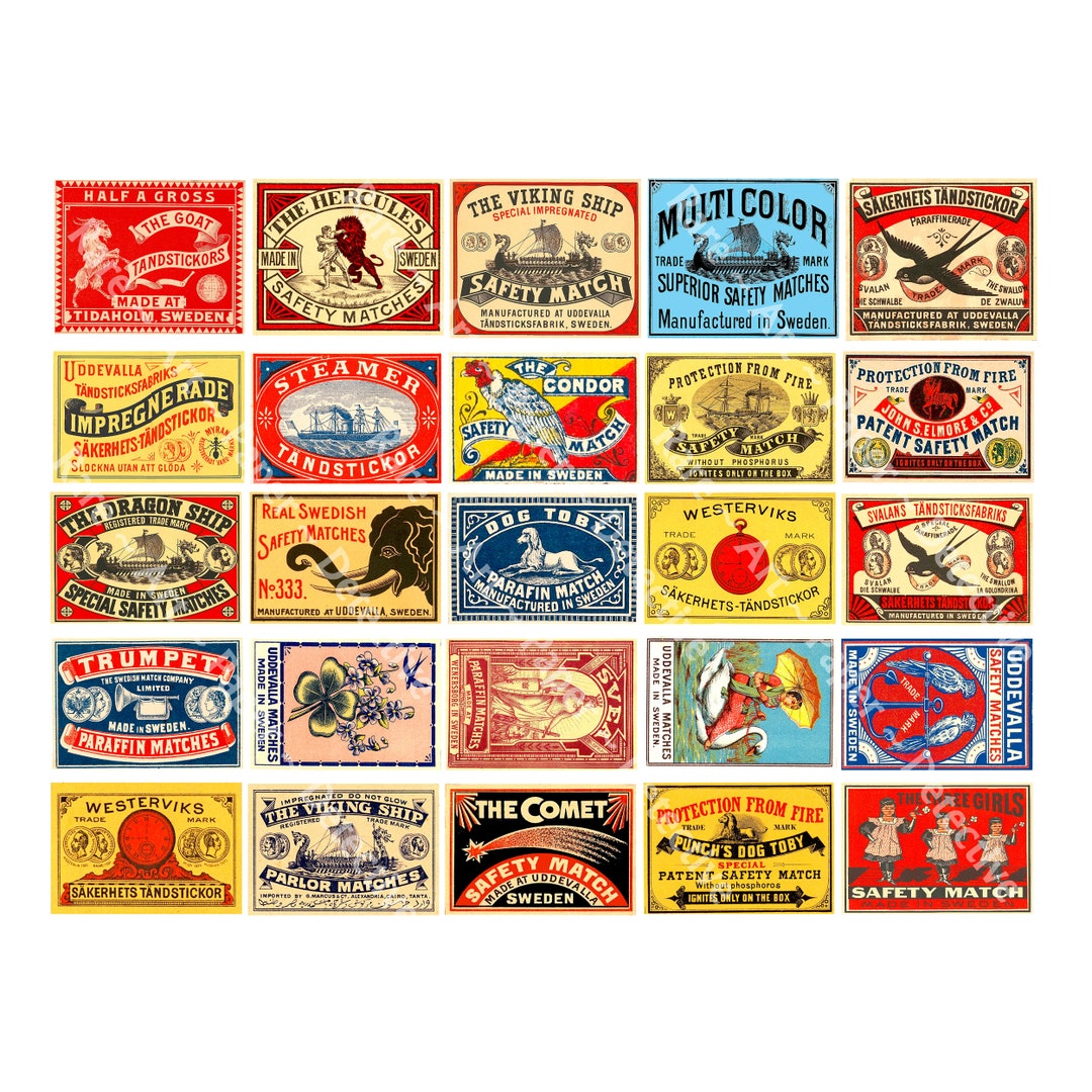 Antique Safety Match Box Label Images, Authentic Sizes, 2" Wide Each ...