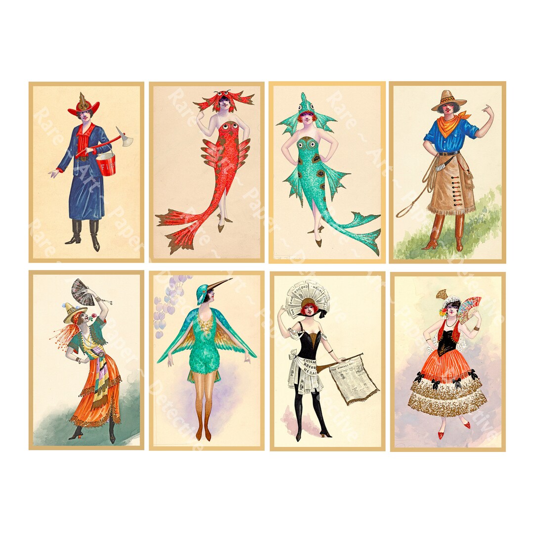 Costume Illustration Graphics Women in Whimsical Outfits Vintage ...