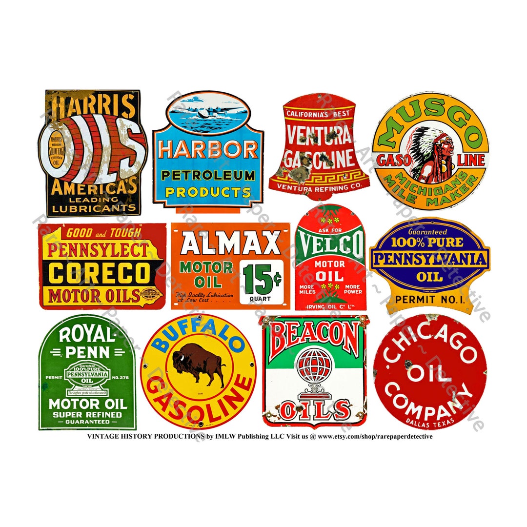 Motor Oil Can Labels, 12 Gasoline Signs on 1 Digital Download, Garage ...