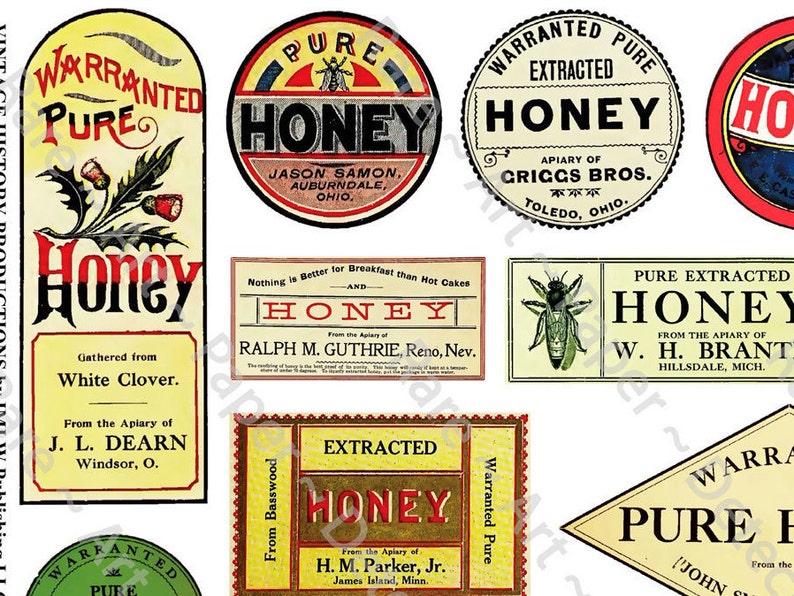 Kitchen Honey Labels, 22 Antique Illustrations on 1 Digital Download ...