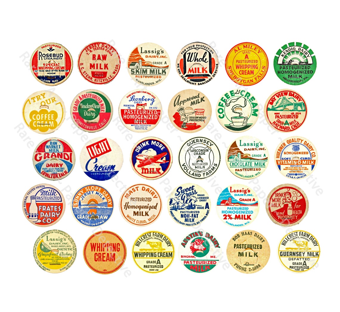Kitchen Art Paper, Milk Caps, Digital Download, Retro Milk Bottle Tags ...