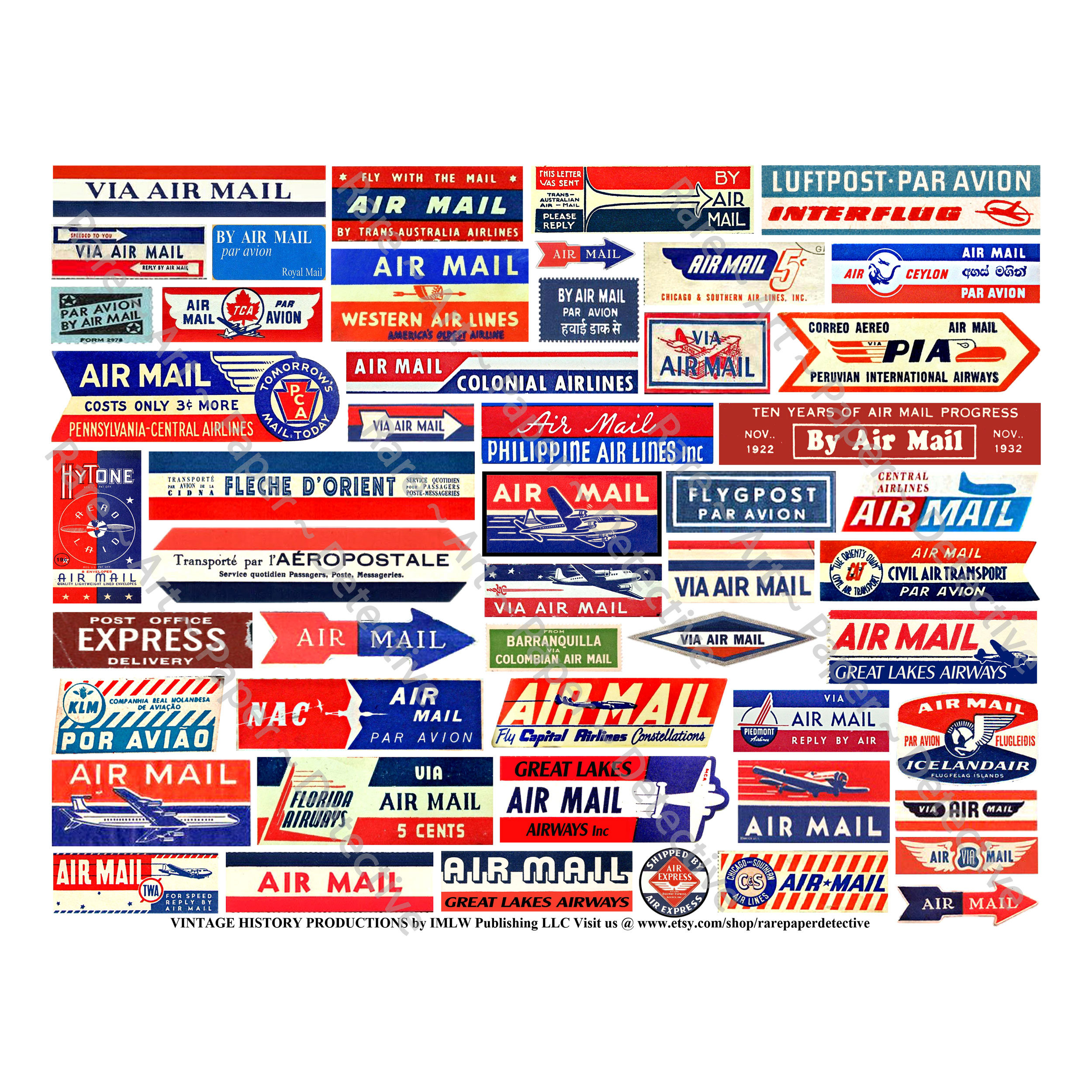 Airmail Label Graphics, 50 Express Package & Baggage Tags, Airmail ...