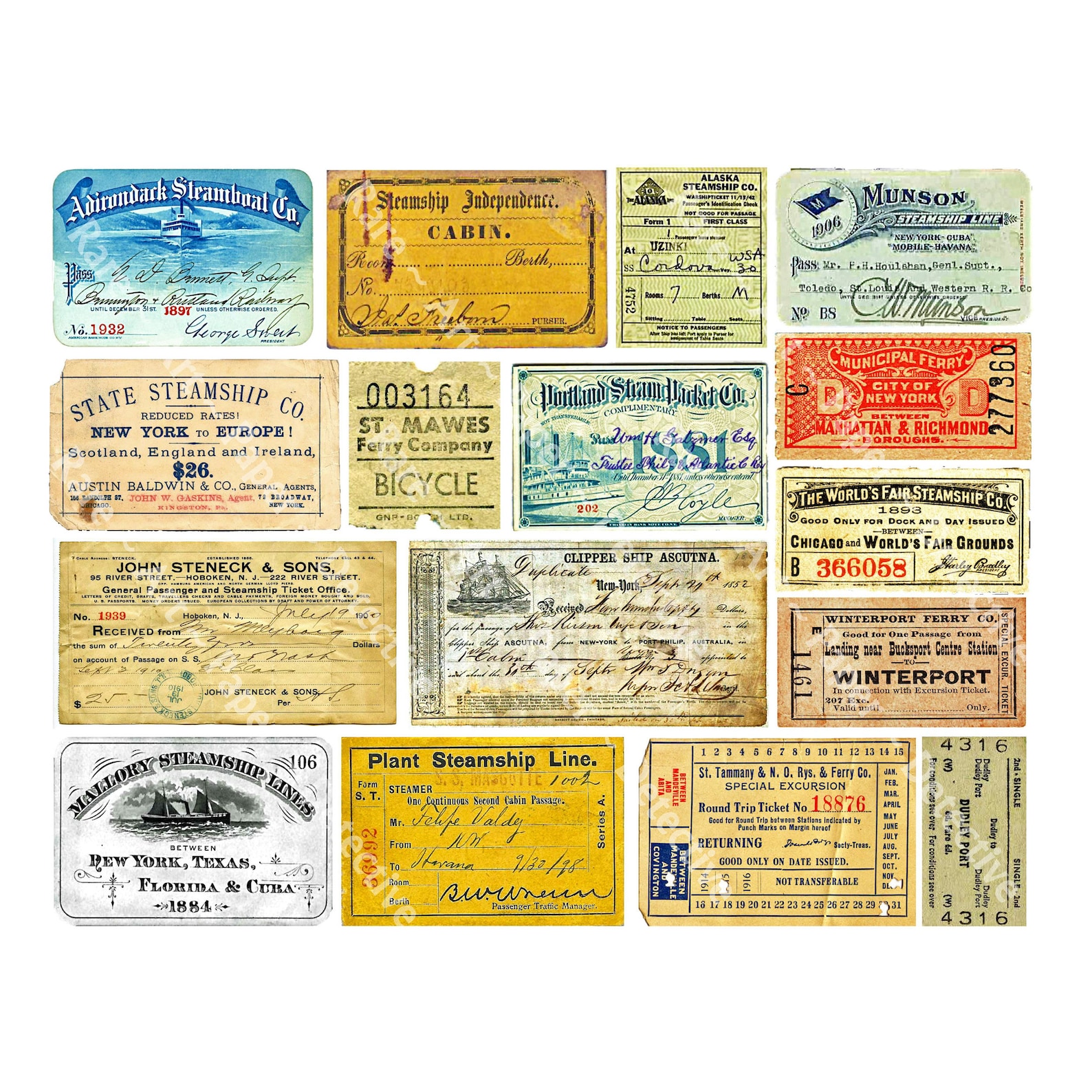 Steamship and Ferry Ticket Stub, Steamboat Tickets, Transportation Tag ...