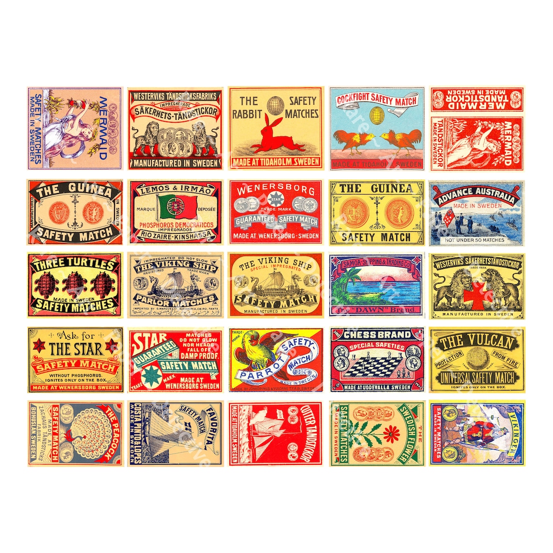 Antique Safety Match Box Label Images, Authentic Sizes, 2" Wide Each ...