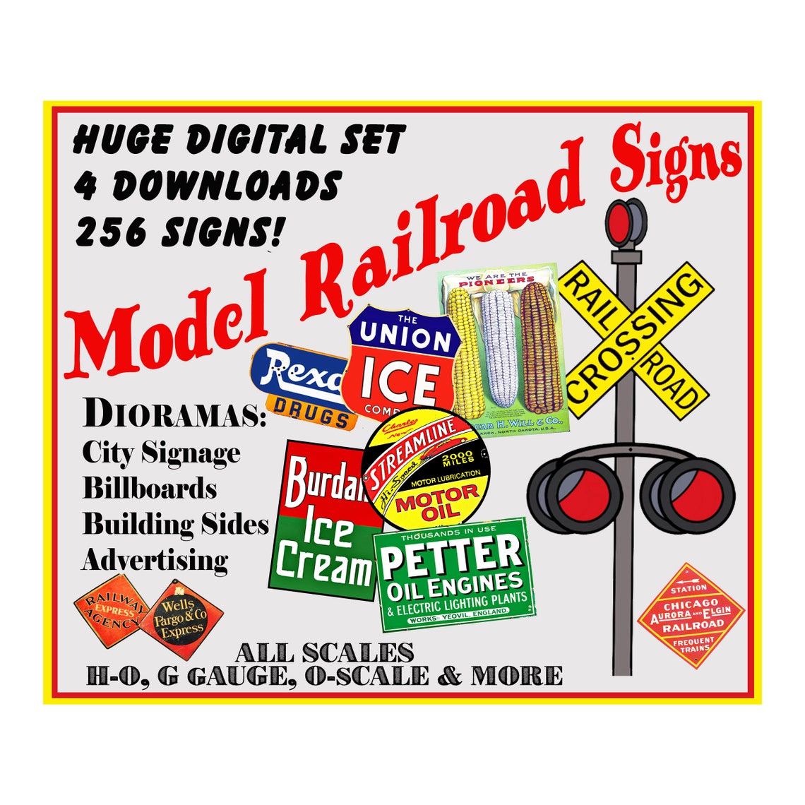 Model Railroad & Dollhouse Signs, 4 DIGITAL DOWNLOADS, 256 Signs for ...