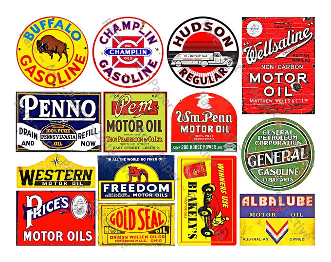 Motor Oil Can Labels, 14 Gasoline Signs on 1 Digital Download, Garage ...