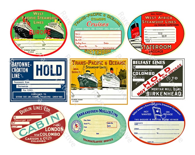 Steamship Trunk Labels, 13 Baggage Tags for Travel Trunks, Suitcases ...