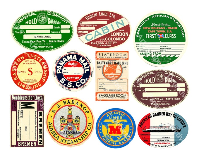 Steamship Trunk Labels, 13 Baggage Tags for Travel Trunks, Suitcases ...